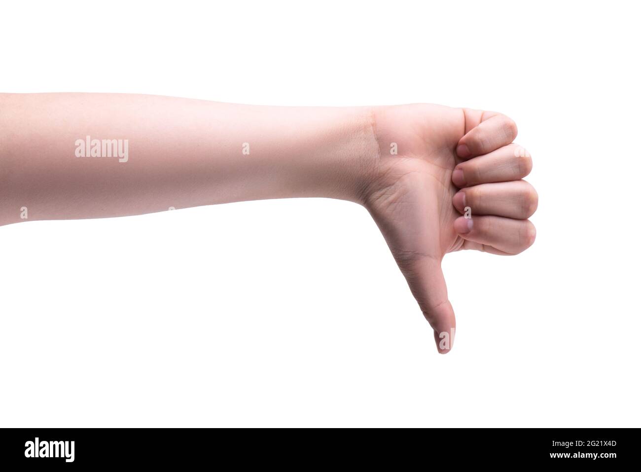 One person's hand shows thumb down. Concept of disapproval. Gesturing ...