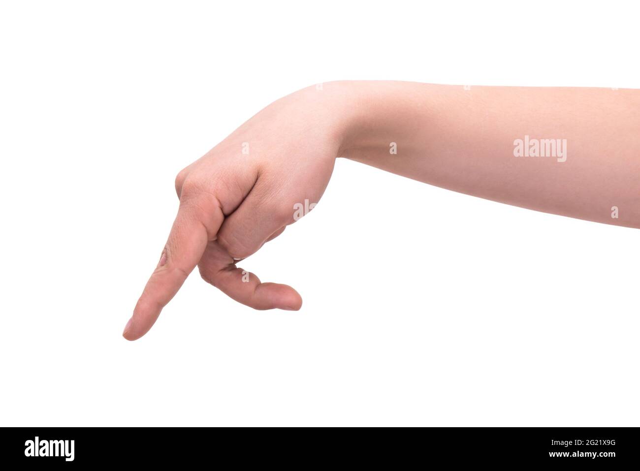 One person's hand points the index finger at object to draw attention ...