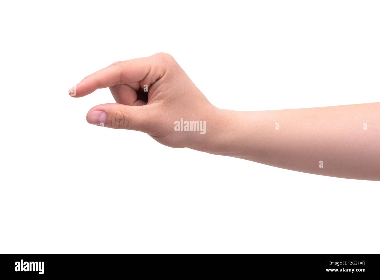 Finger gesture of one person: means little, pinch. Isolated on white ...