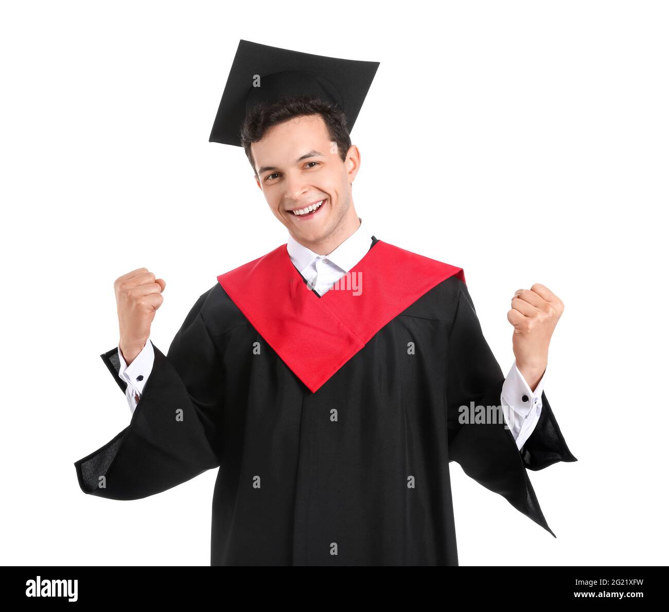 Happy graduating student on white background Stock Photo - Alamy