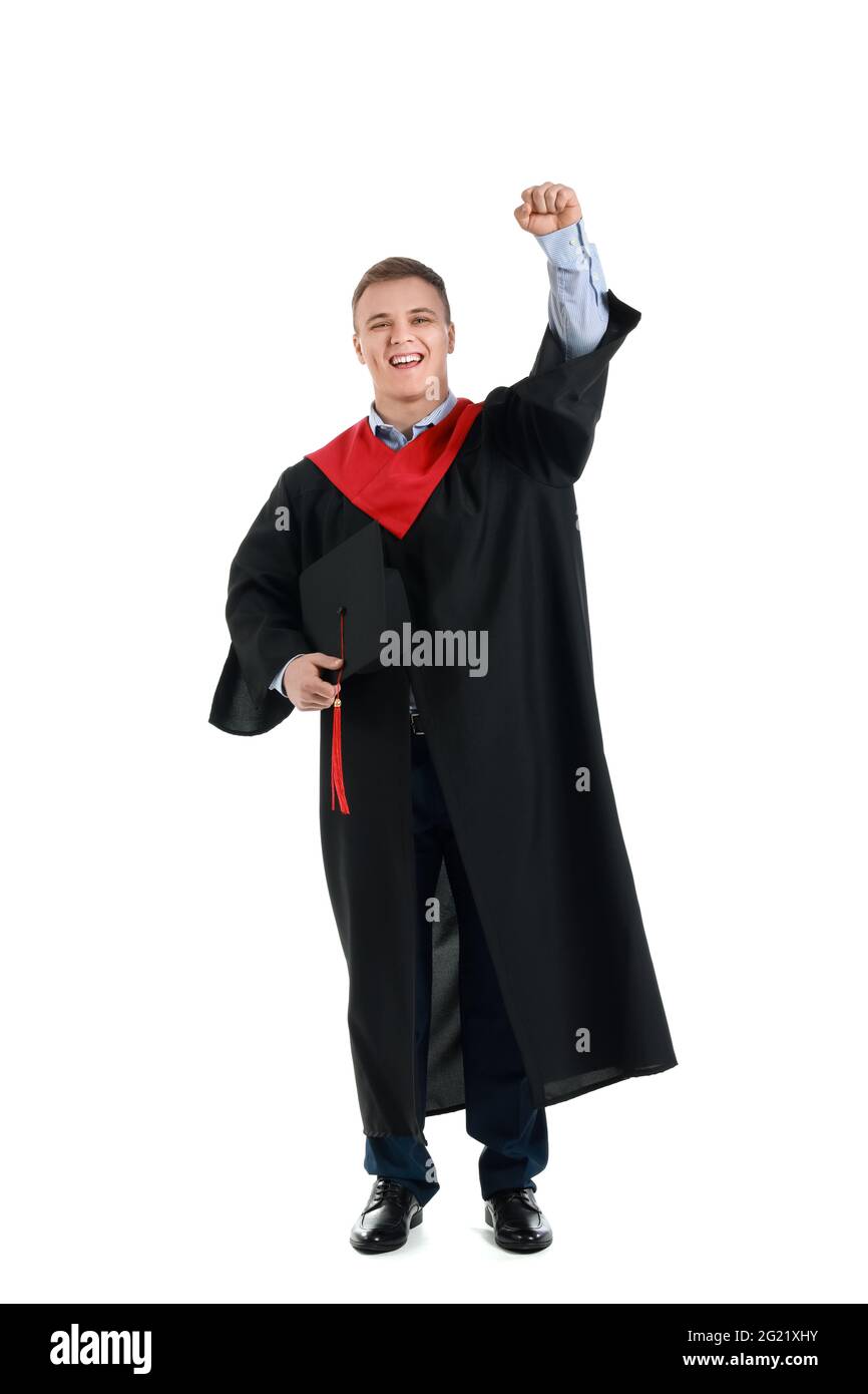 Happy graduating student on white background Stock Photo - Alamy
