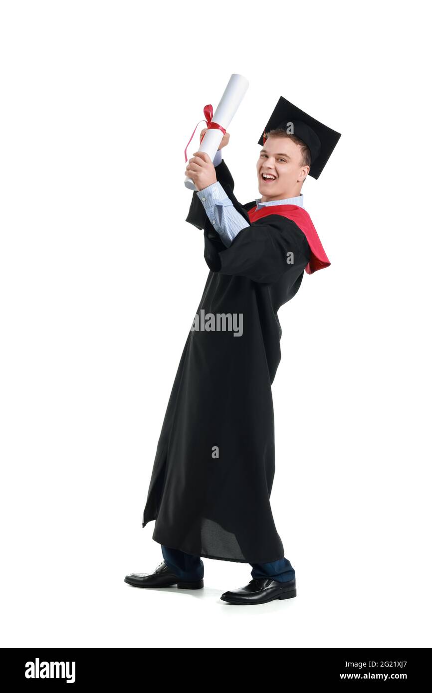 Happy graduating student on white background Stock Photo - Alamy