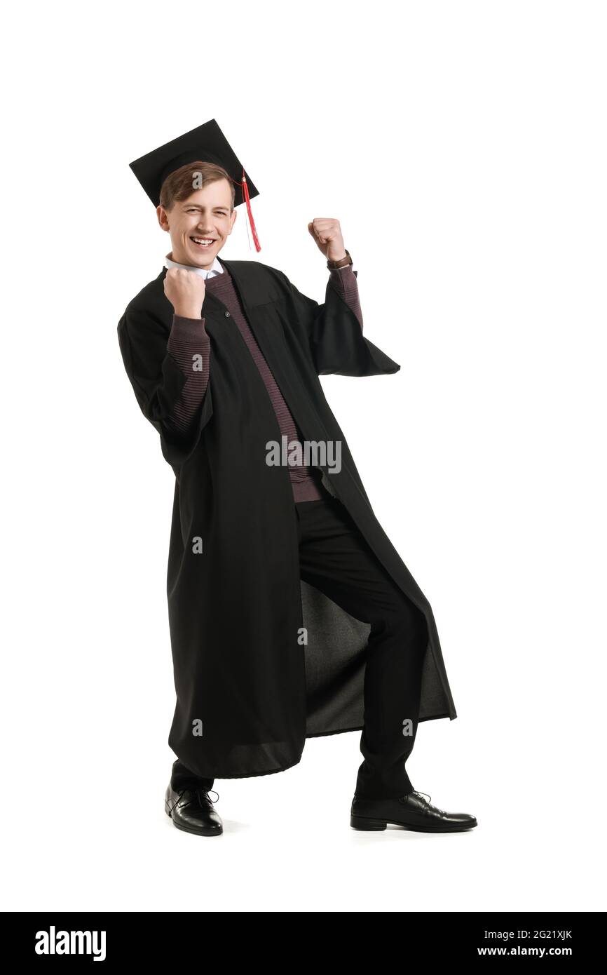 Happy graduating student on white background Stock Photo - Alamy