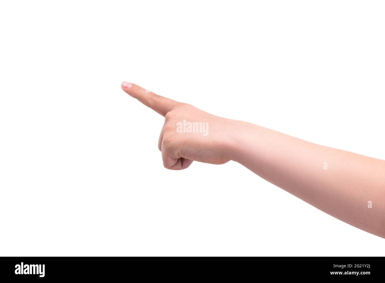 One person's hand points the index finger at object to draw attention ...