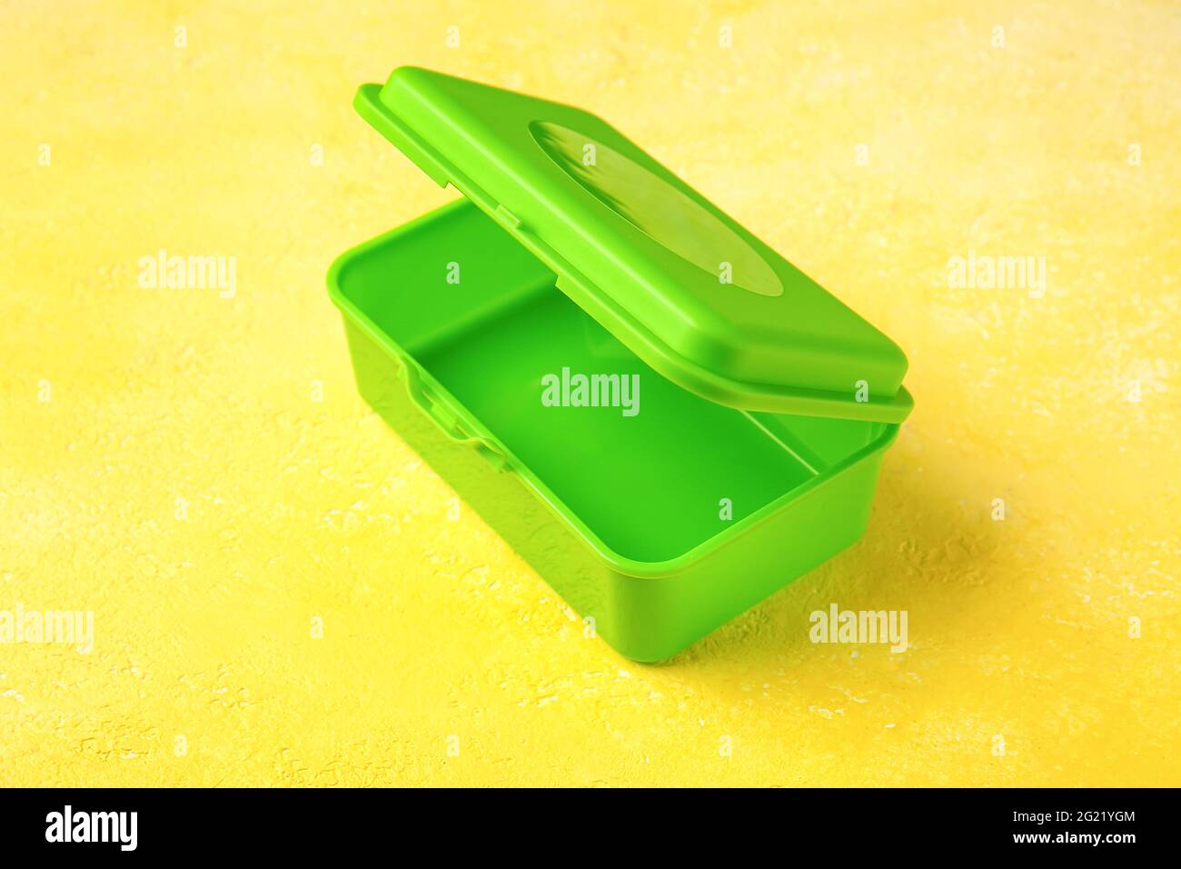Plastic lunch box on color background Stock Photo - Alamy
