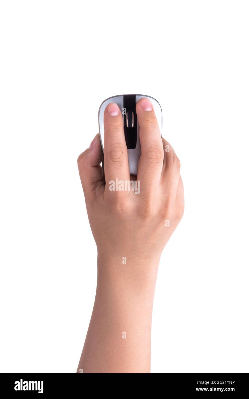 Hand holds computer mouse isolated on white background Stock Photo - Alamy