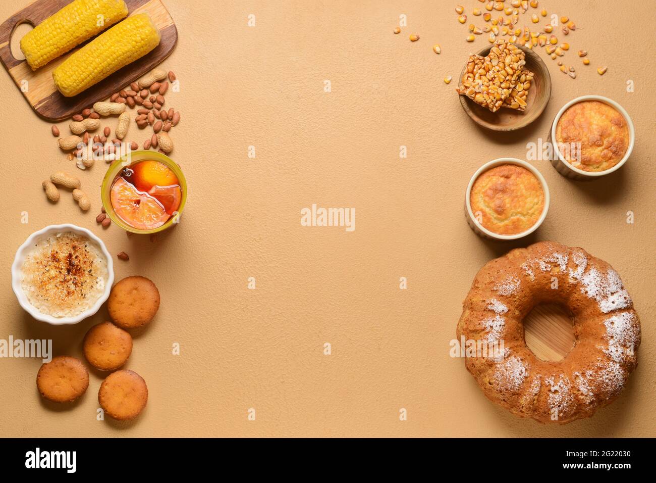 Traditional food for Festa Junina (June Festival) on color background ...