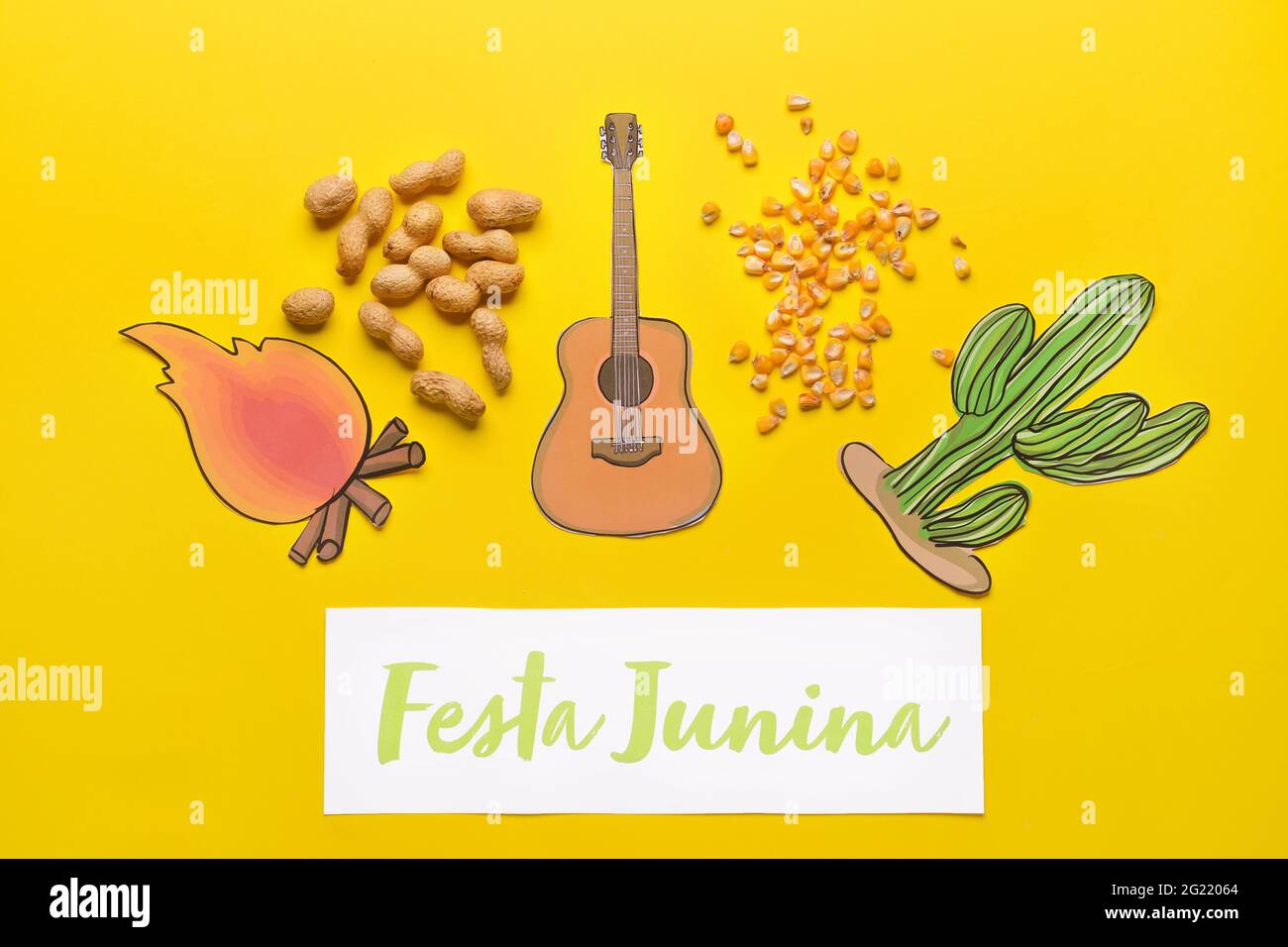 Symbols of Festa Junina (June Festival) with corn and peanuts on color ...