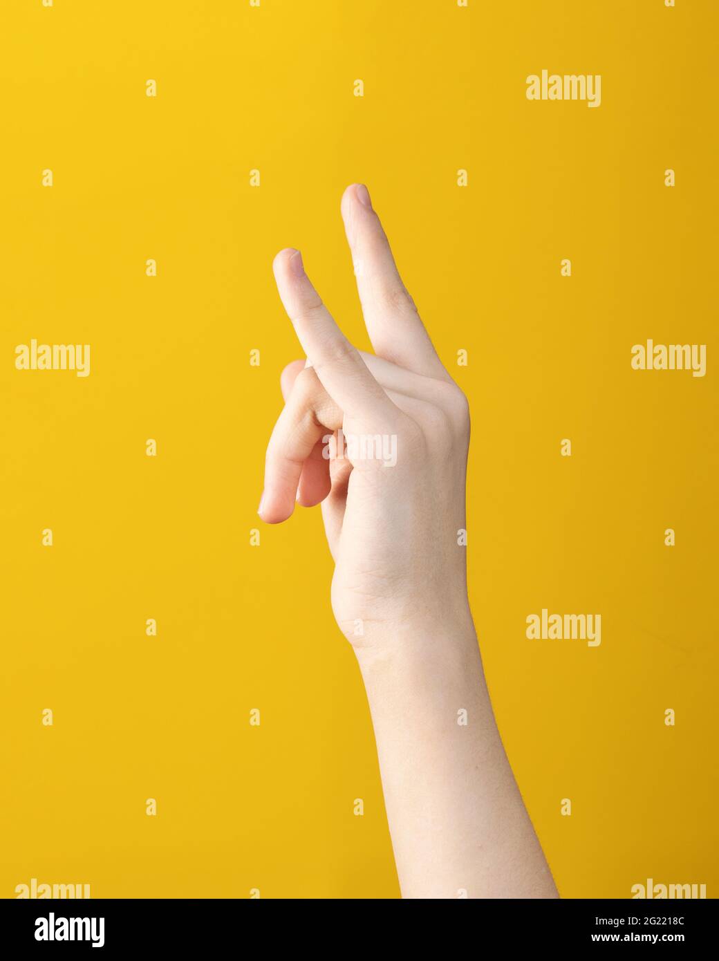 teen hand with two fingers up shows goat gesture on yellow background ...