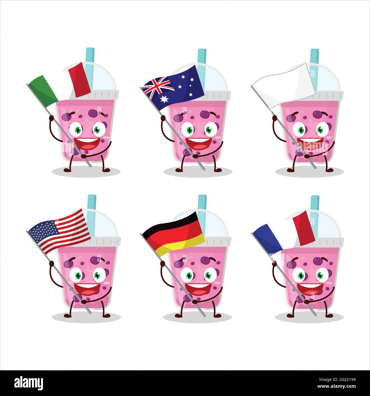 Grapes milk with boba cartoon character bring the flags of various ...
