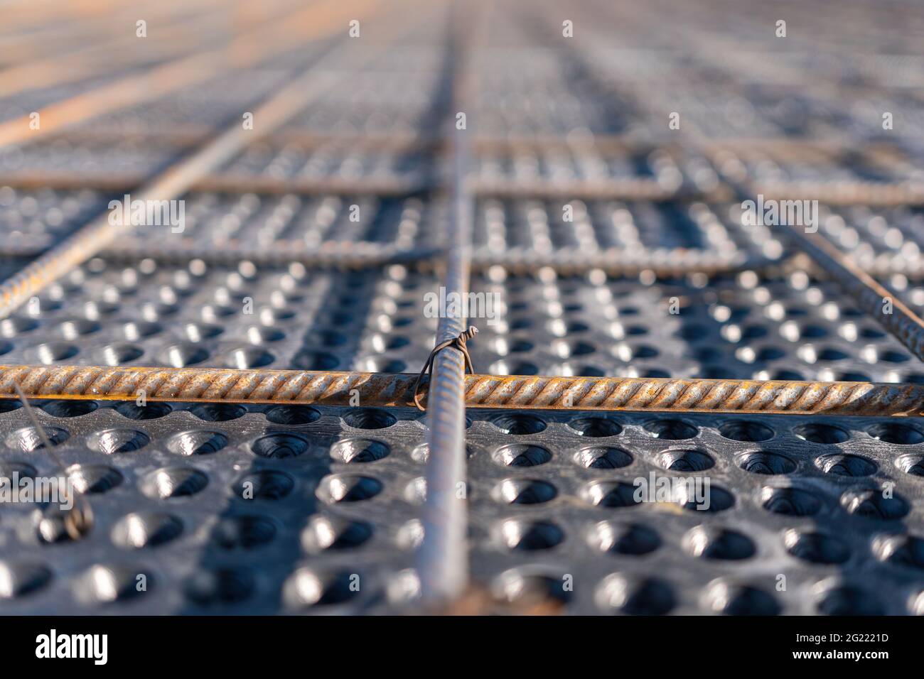 Close up view of reinforcement of concrete. Geometric alignment of ...