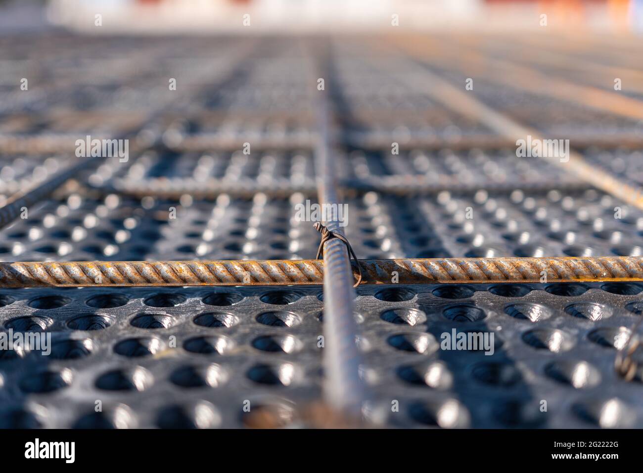 Close up view of reinforcement of concrete. Geometric alignment of ...
