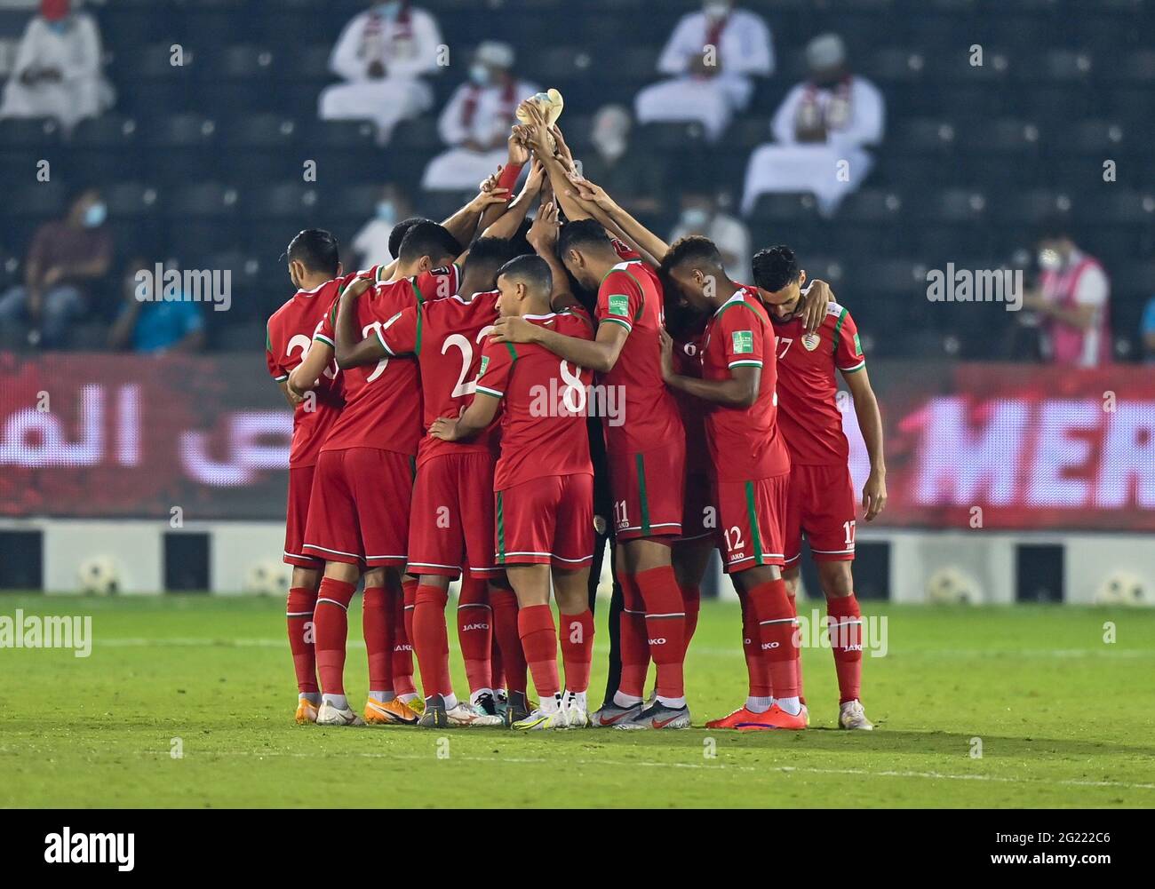 Doha, Qatar. 7th June, 2021. Starting players of Oman gather prior to ...