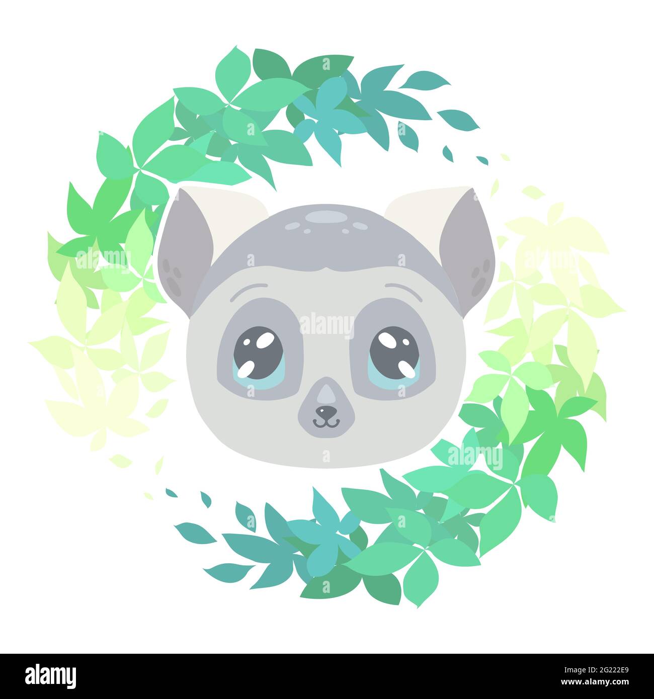 Cute childish illustration of a little lovely lemur in plant wreath on ...