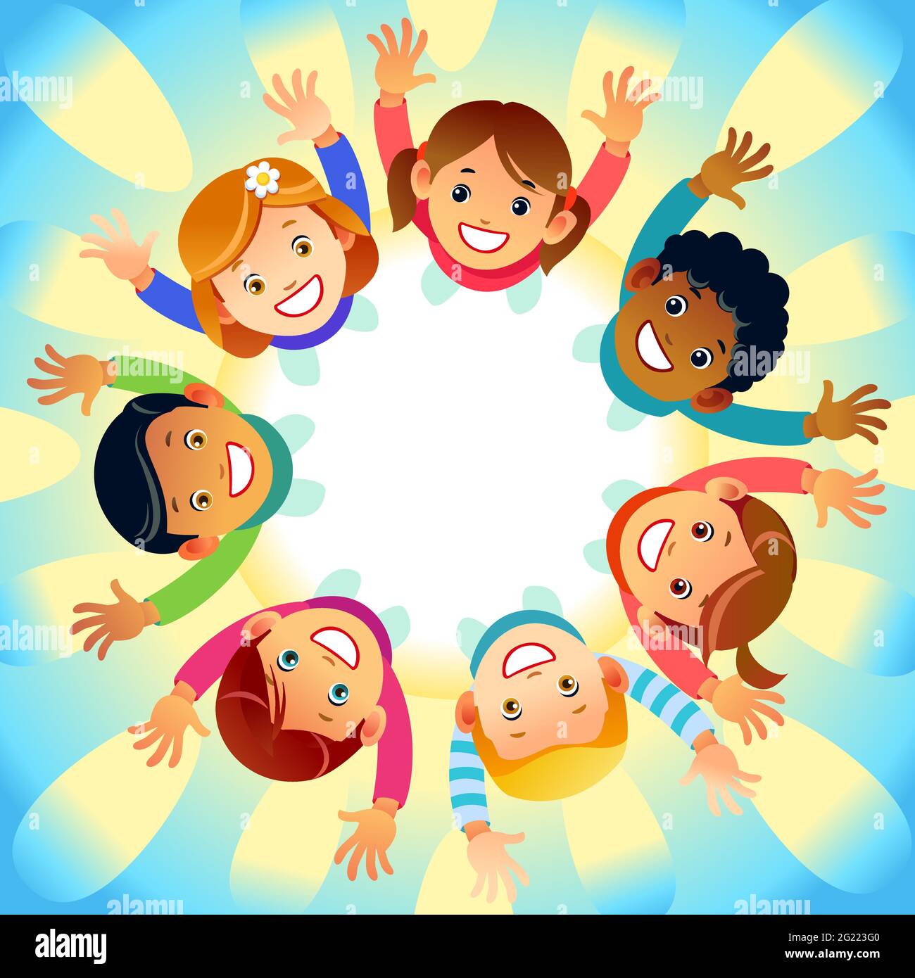 Multicultural kids in a circle with happy faces, raising their hands up ...