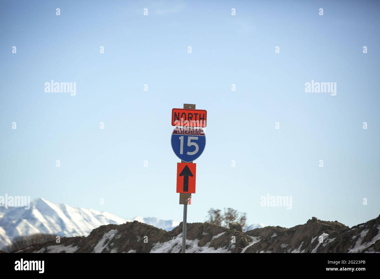 Sign saying north interstate on the background of mountains Stock Photo ...