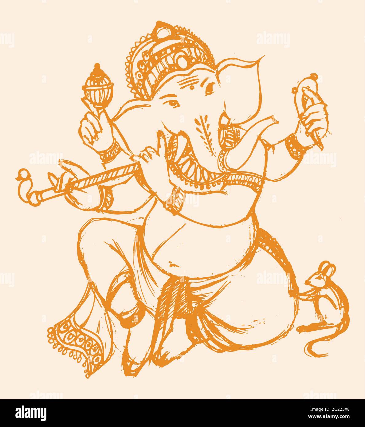 Drawing or sketch of Lord Ganesha playing musical instruments isolated ...