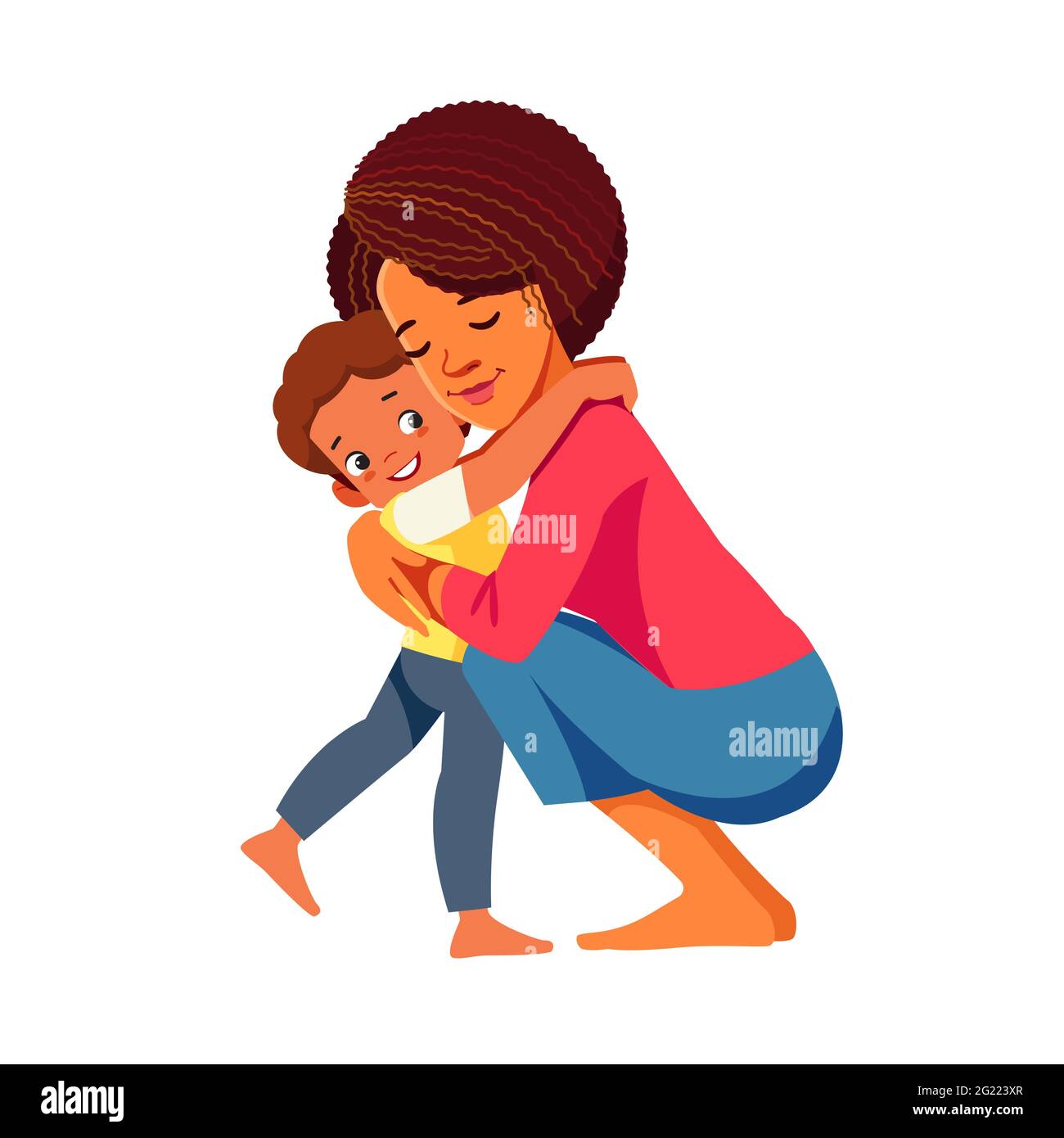 Mother and child. Beautiful african american mom hugging her son with a lot of love and ...