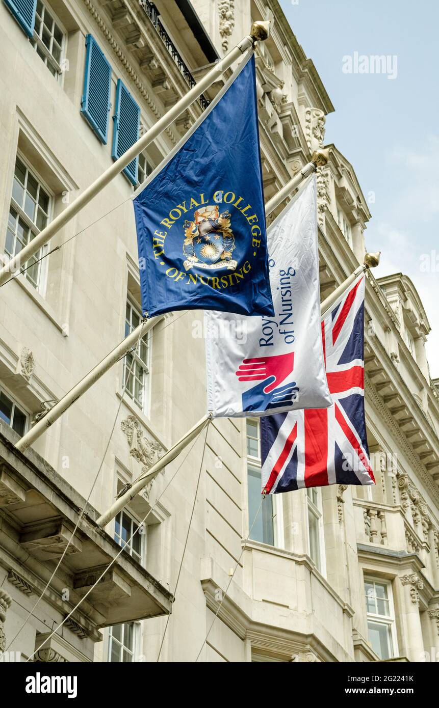 London, UK - April 21, 2021: Flags outside the Royal College of Nursing ...