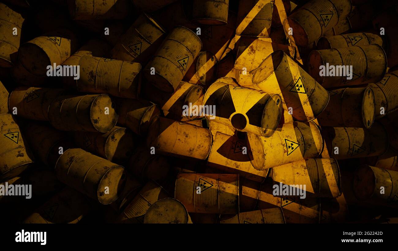 radioactive waste in a pile of barrels, background Stock Photo - Alamy
