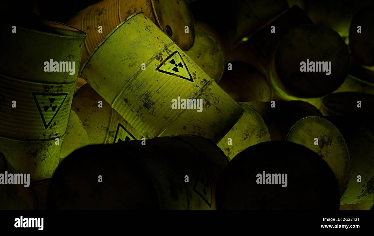 radioactive waste in rusty barrels, pile of nuclear trash, background ...