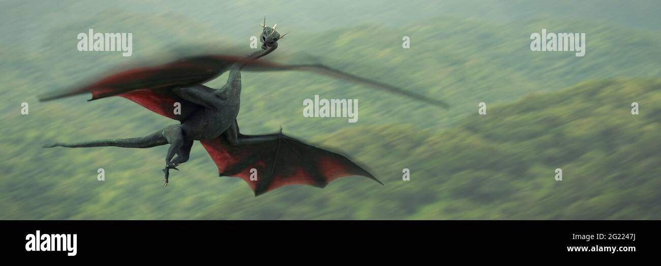 flying dragon, legendary creature above a forest landscape Stock Photo ...