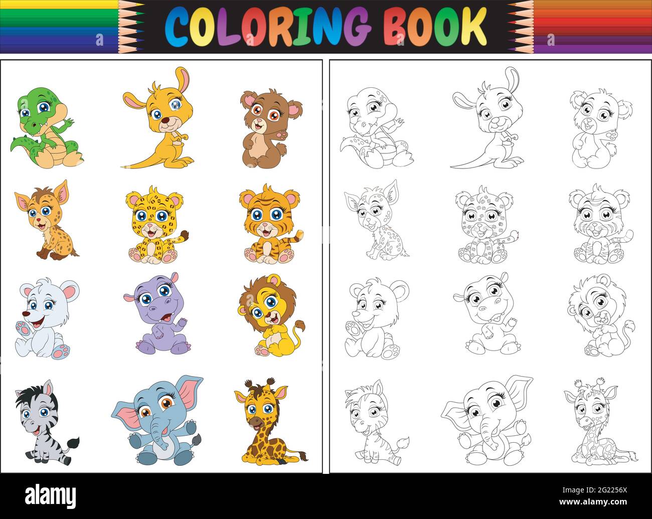 Coloring book with cartoon wild animals collection Stock Vector Image ...