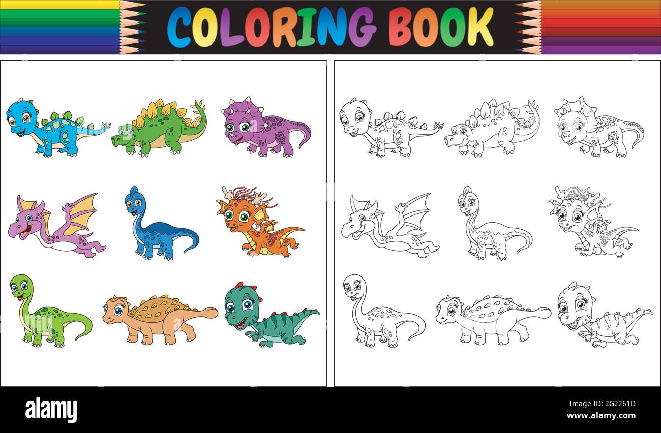 Coloring book with little dinosaur cartoon collection Stock Vector ...
