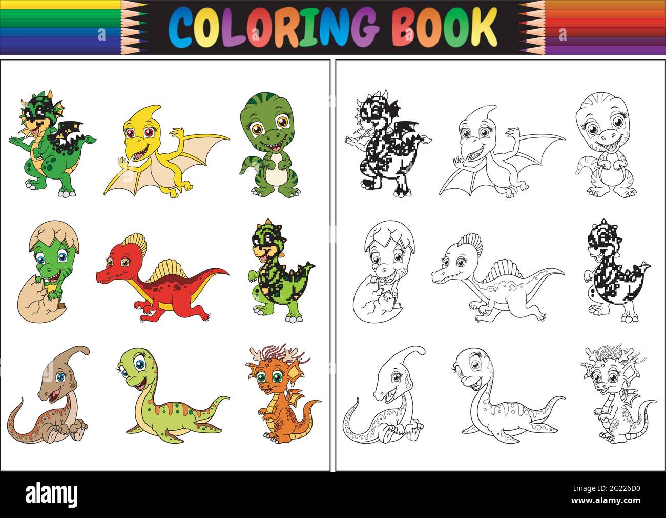 Coloring book with little dinosaur cartoon collection Stock Vector ...