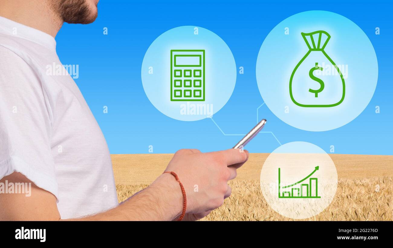 Cropped of man agribusinessman using smart farming app on smartphone ...