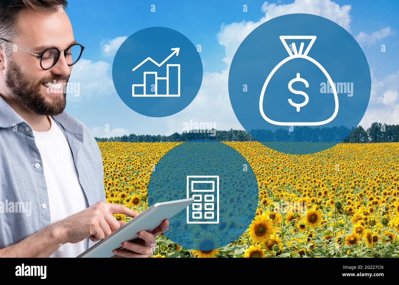 Happy agribusinessman using digital tablet for agriculture processes ...