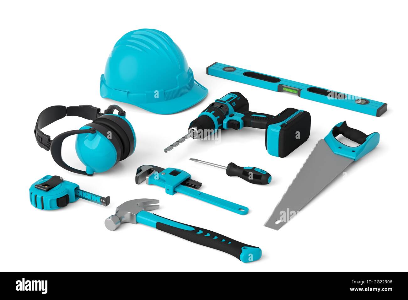 Top view of green construction tools for repair and installation on ...