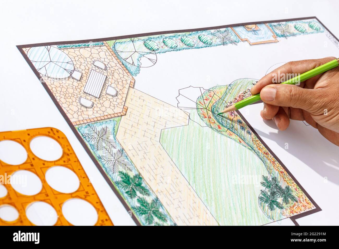 Landscape architect design L shape garden plan Stock Photo - Alamy