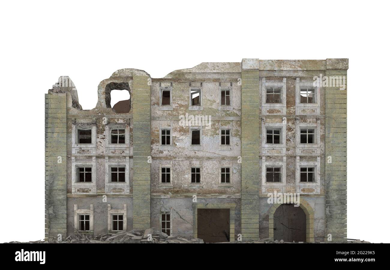 3D illustration ruined city building isolated on white Stock Photo - Alamy
