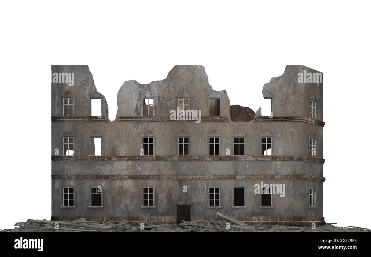 3D illustration ruined city building isolated on white Stock Photo - Alamy