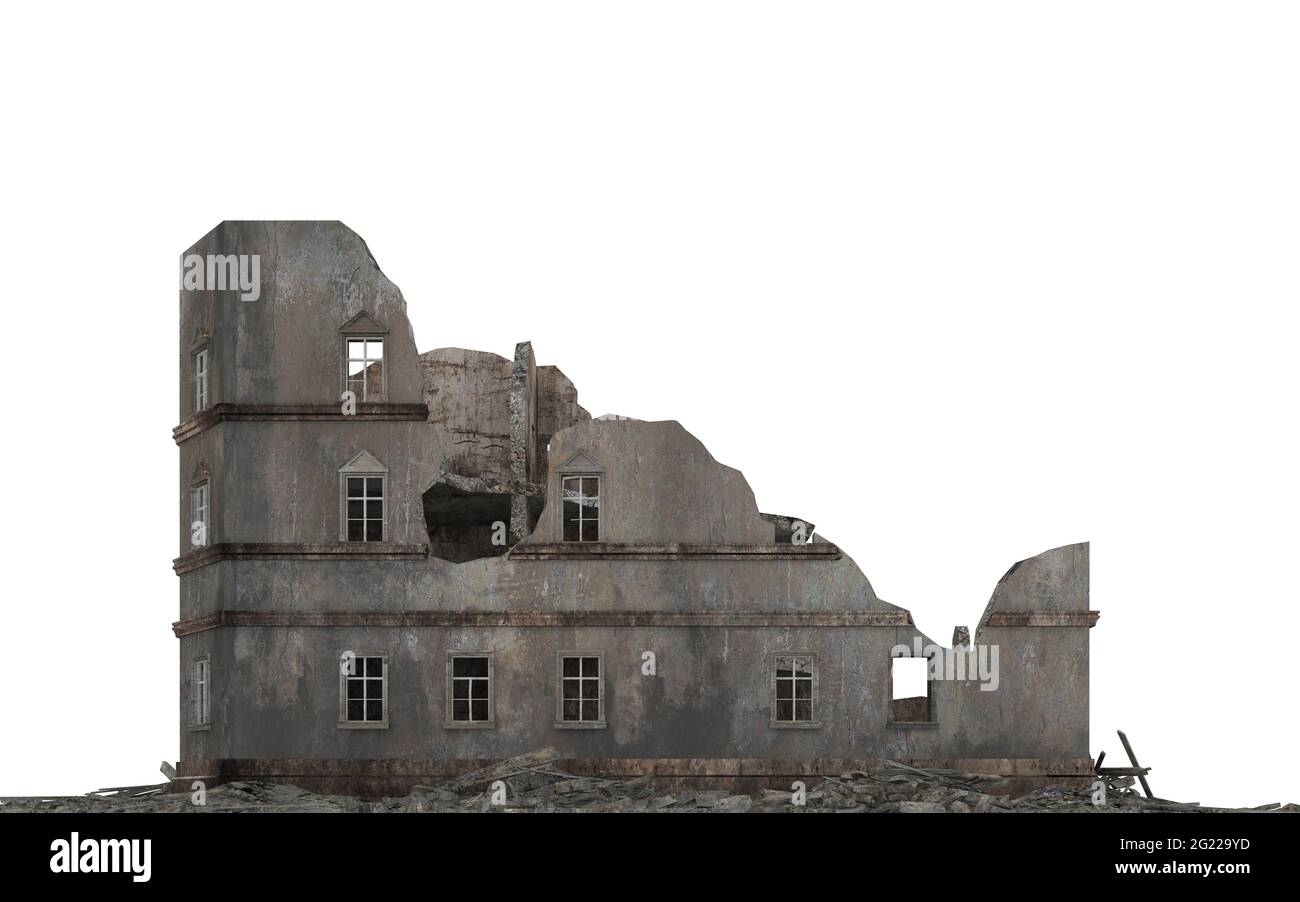 3D illustration ruined city building isolated on white Stock Photo - Alamy