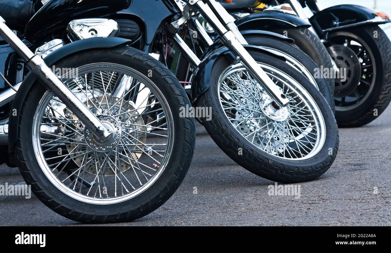 Detail shots of motorcycles wheels an tires all in a row Stock Photo ...