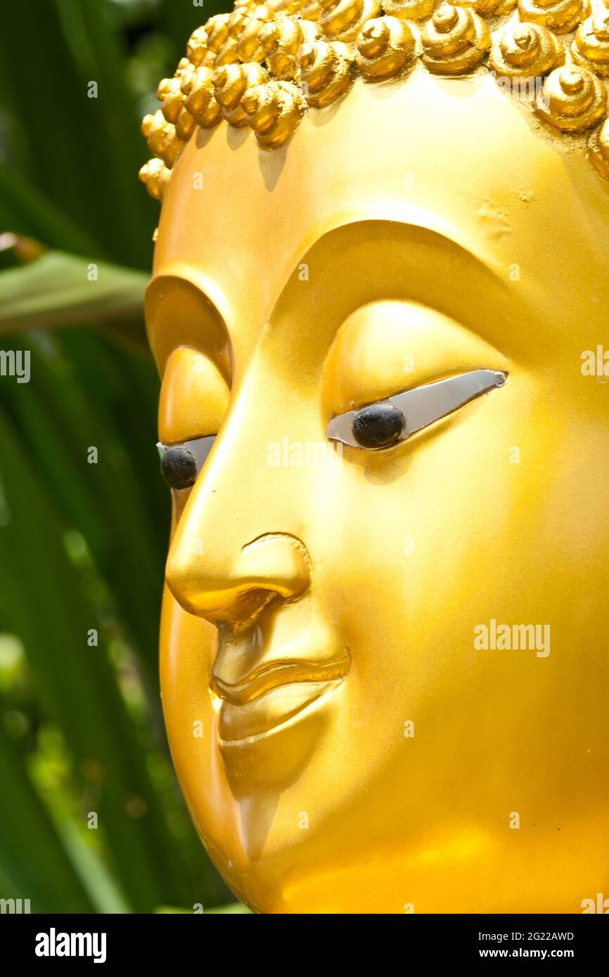 Close up of golden Buddhist statue face Stock Photo - Alamy