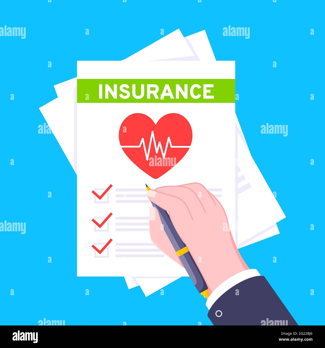 Hand signs medical insurance claim form with file paper sheets flat ...