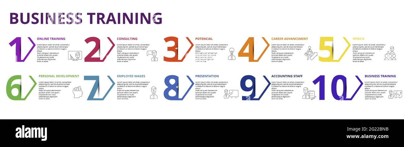 Infographic Business Training template. Icons in different colors ...