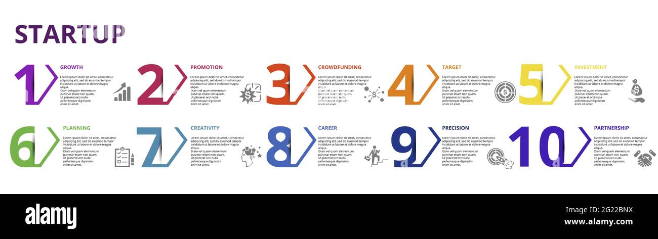 Infographic Startup template. Icons in different colors. Include ...