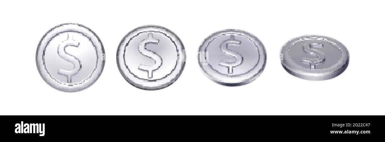 Set of silver coin with dollar symbol. Rotation metallic money. Vector ...