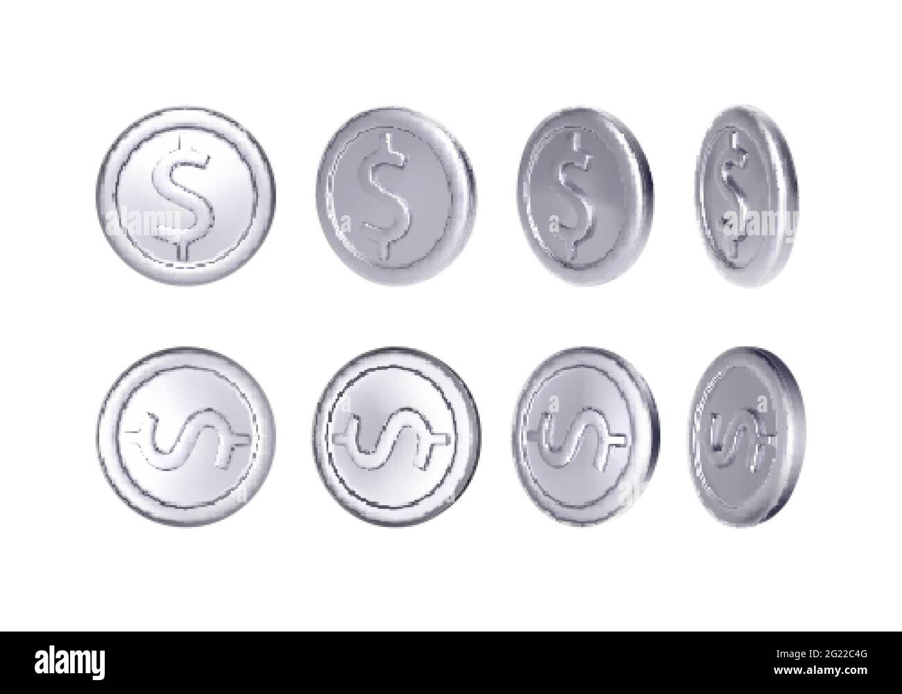 Set of silver coin with dollar symbol. Rotation metallic money. Vector ...