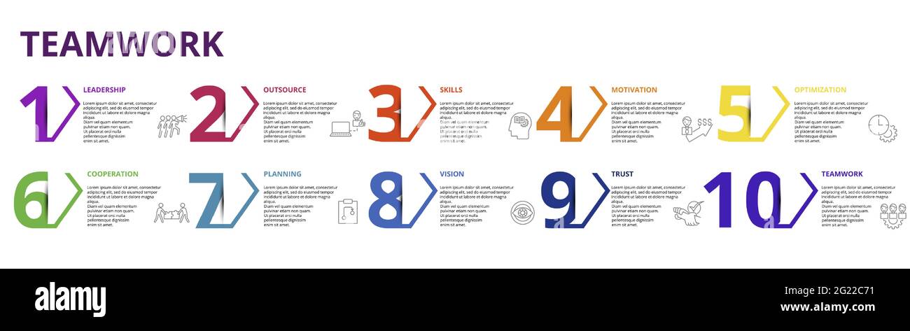 Infographic Teamwork template. Icons in different colors. Include ...