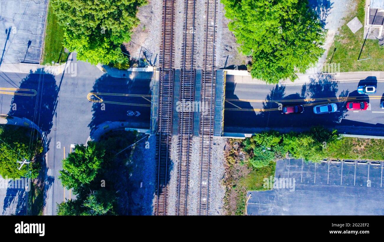 Aerial top view of a railroad bridge Stock Photo - Alamy