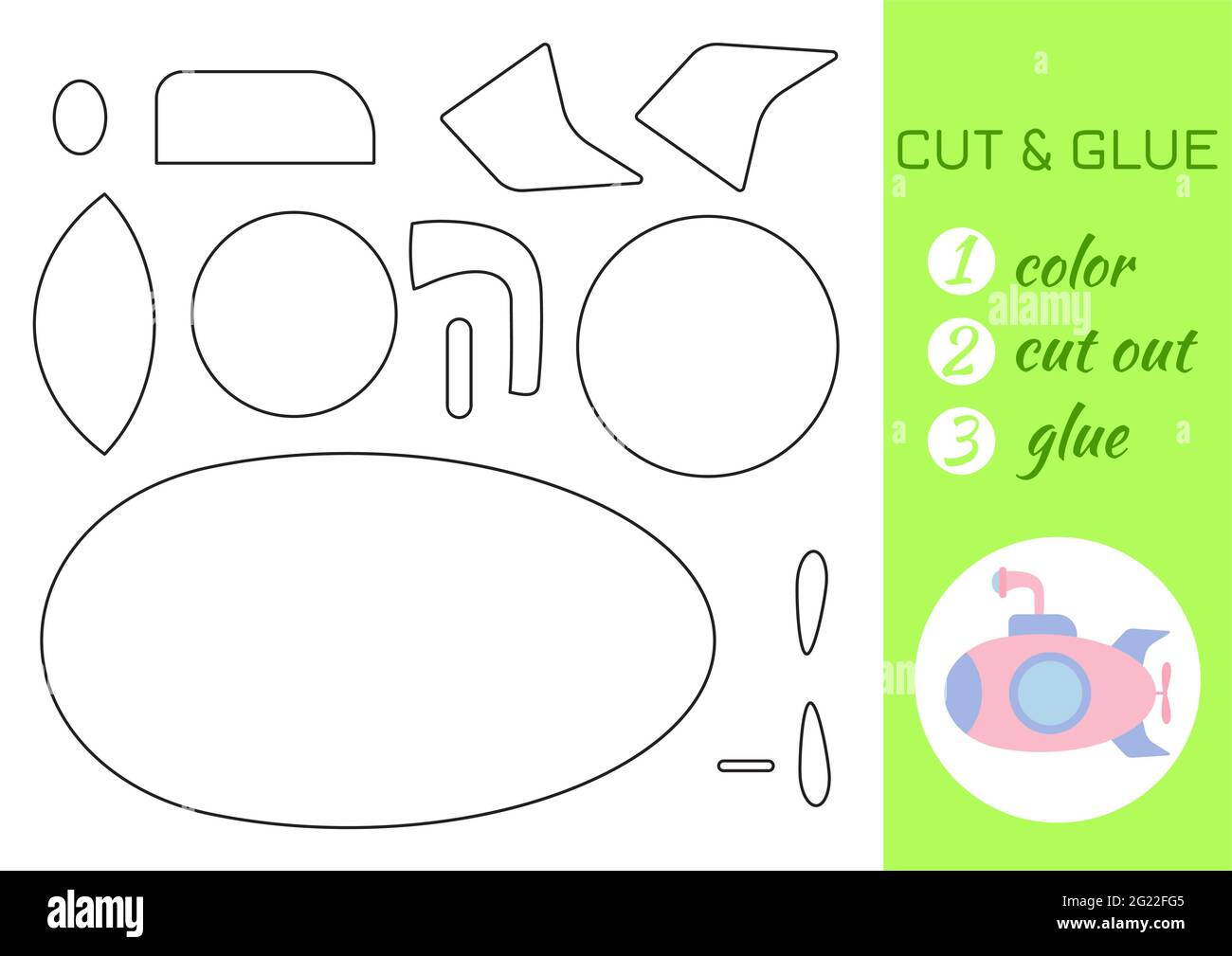 Color, cut and glue paper pink submarine. Cut and paste craft activity ...