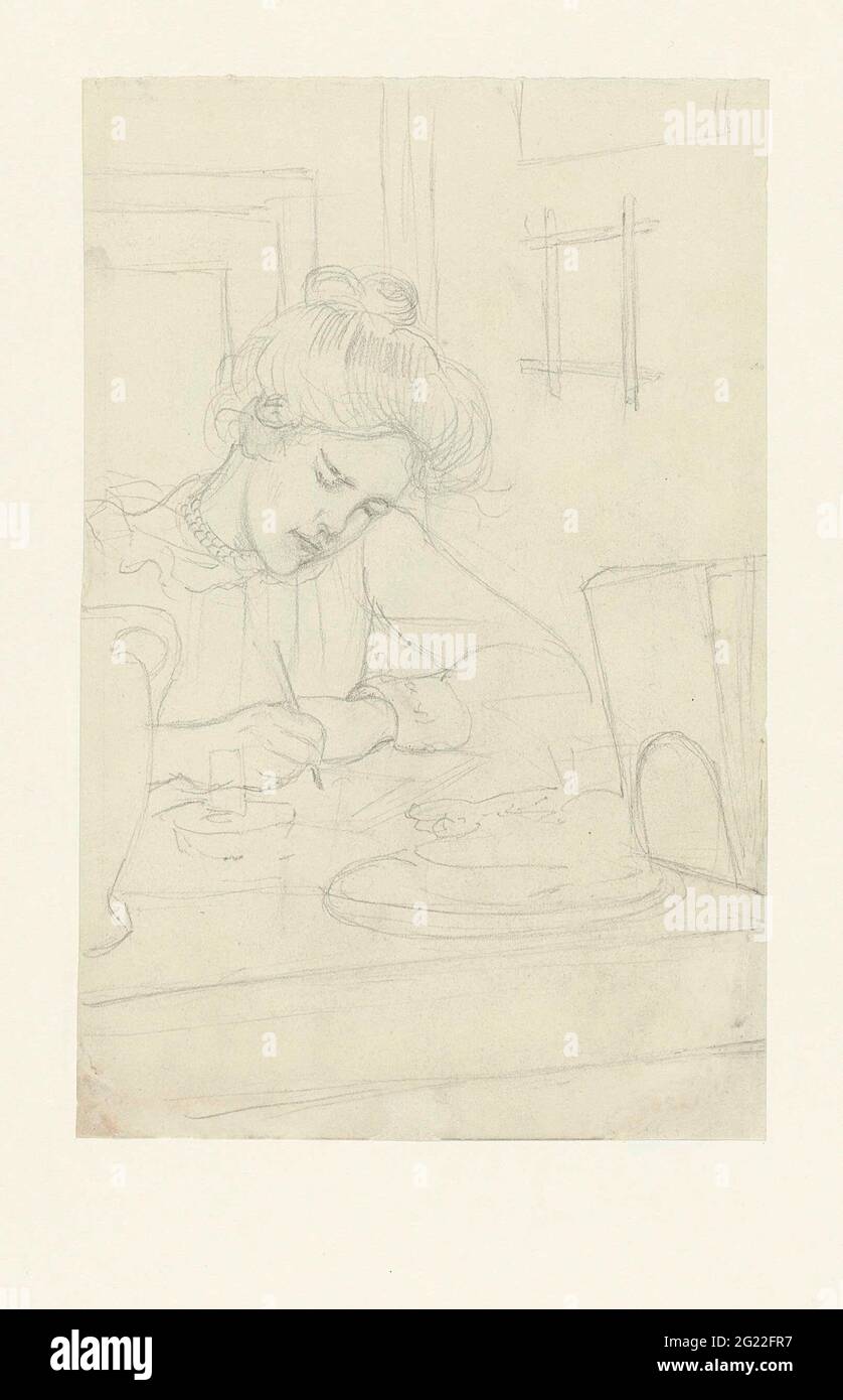Writing woman at the table Stock Photo - Alamy