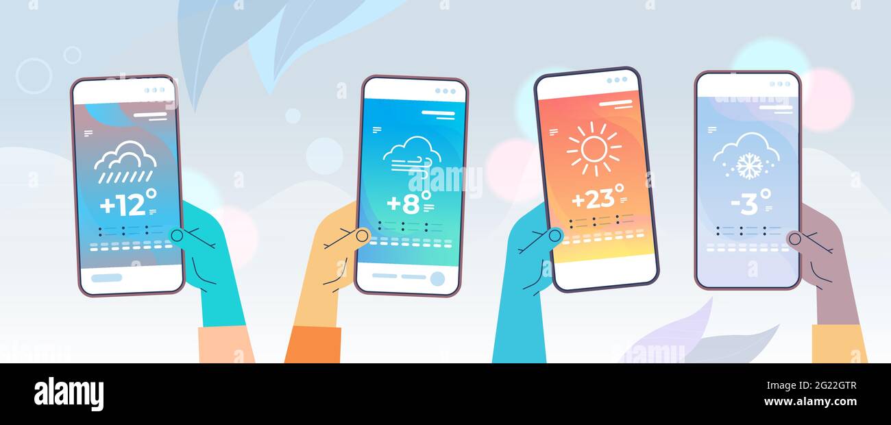 human hands holding smartphones with daily temperature mobile app ...