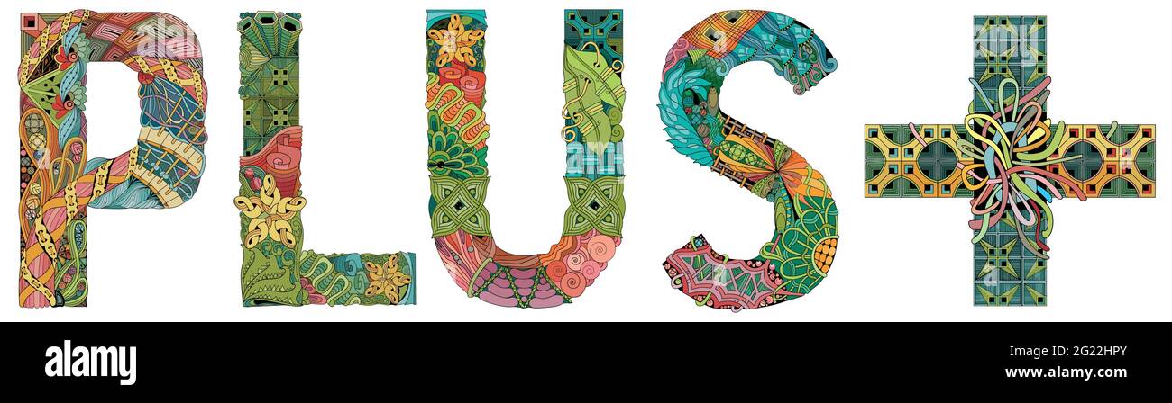 Hand-painted art design. Hand drawn illustration word PLUS for t-shirt ...