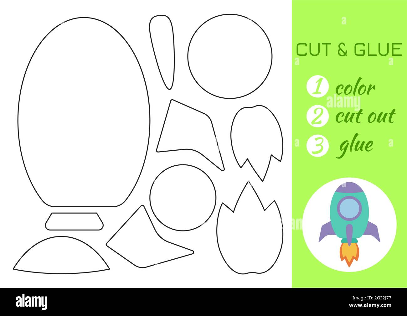Color, cut and glue paper green rocket. Cut and paste craft activity ...